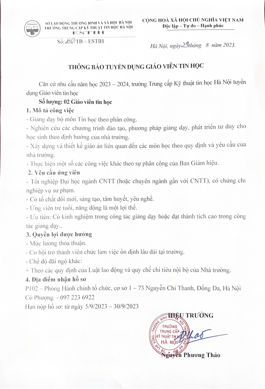TRƯỜNG TRUNG CẤP KỸ THUẬT TIN HỌC HÀ NỘI THÔNG BÁO TUYỂN DỤNG GIÁO VIÊN ...